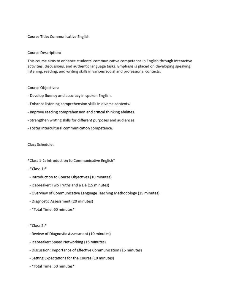 Communicative English Schedule For Every Class | PDF | Reading ...