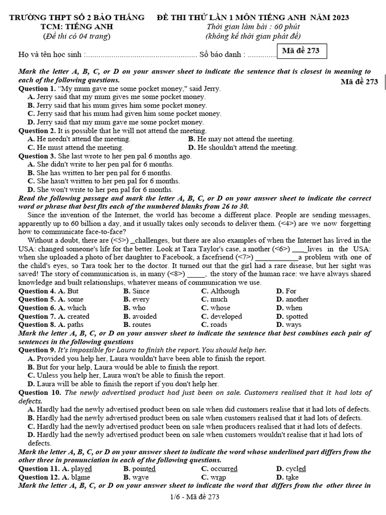 De Thi Thu Tot Nghiep THPT Mon Tieng Anh THPT SO 2 BAO THANG Lao Cai Nam 2022 2023 | PDF ...