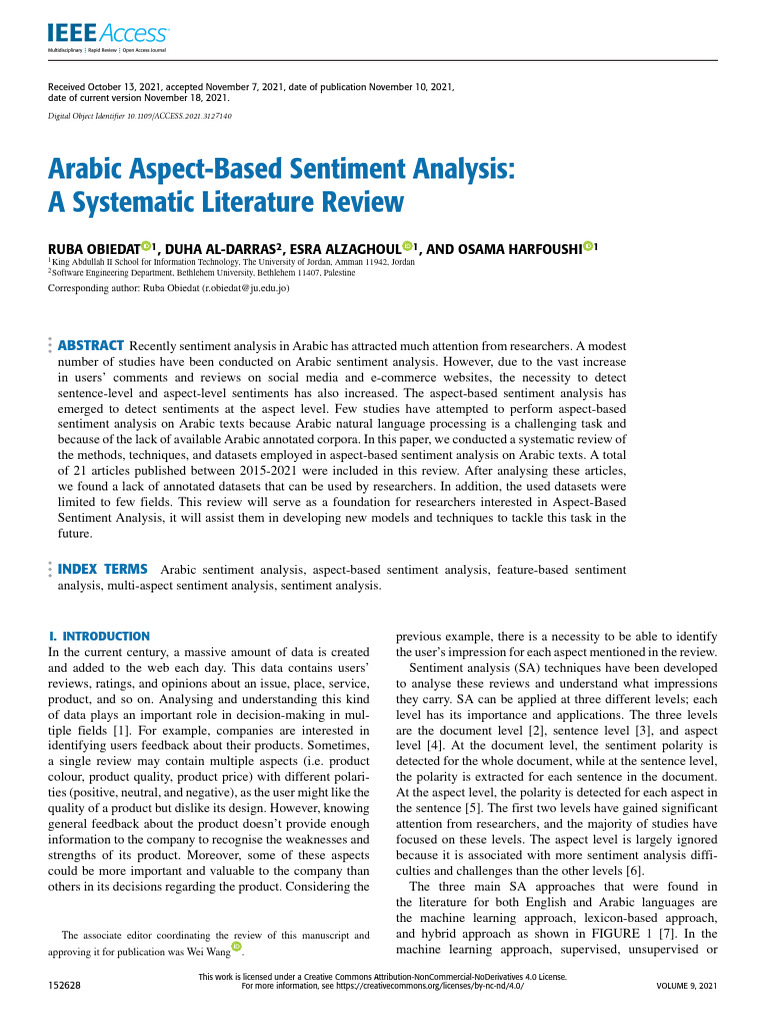 Arabic Aspect Based Sentiment Analysis A Systematic Literature Review