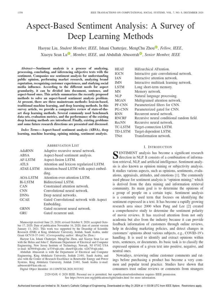Aspect-Based Sentiment Analysis: A Survey of Deep Learning Methods | PDF | Deep Learning | Cognition