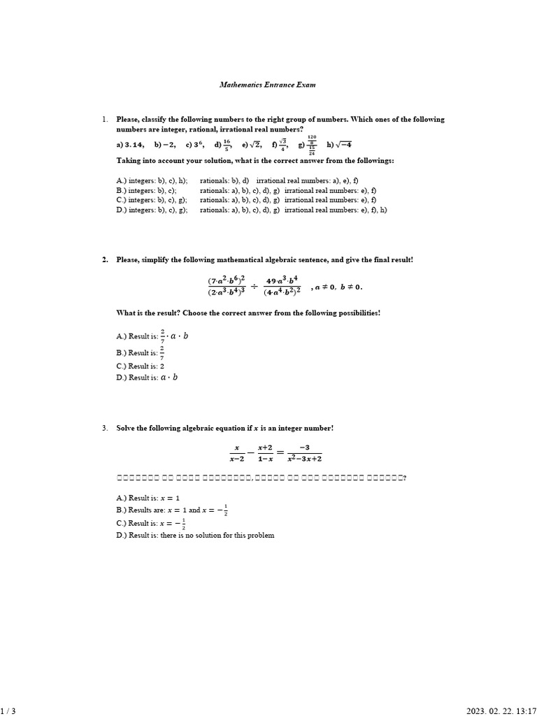Mathematics Entrance Exam | PDF | Real Number | Rational Number