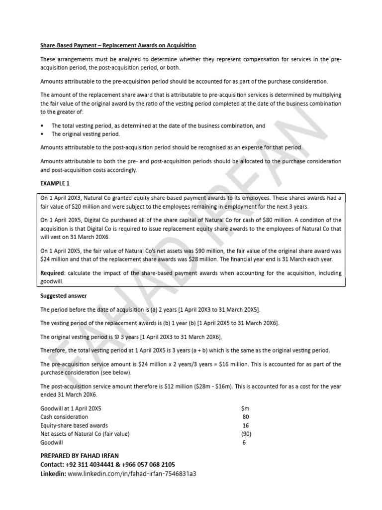 IFRS-2 Share-Based Payment – Replacement Awards on Acquisition Summary ...