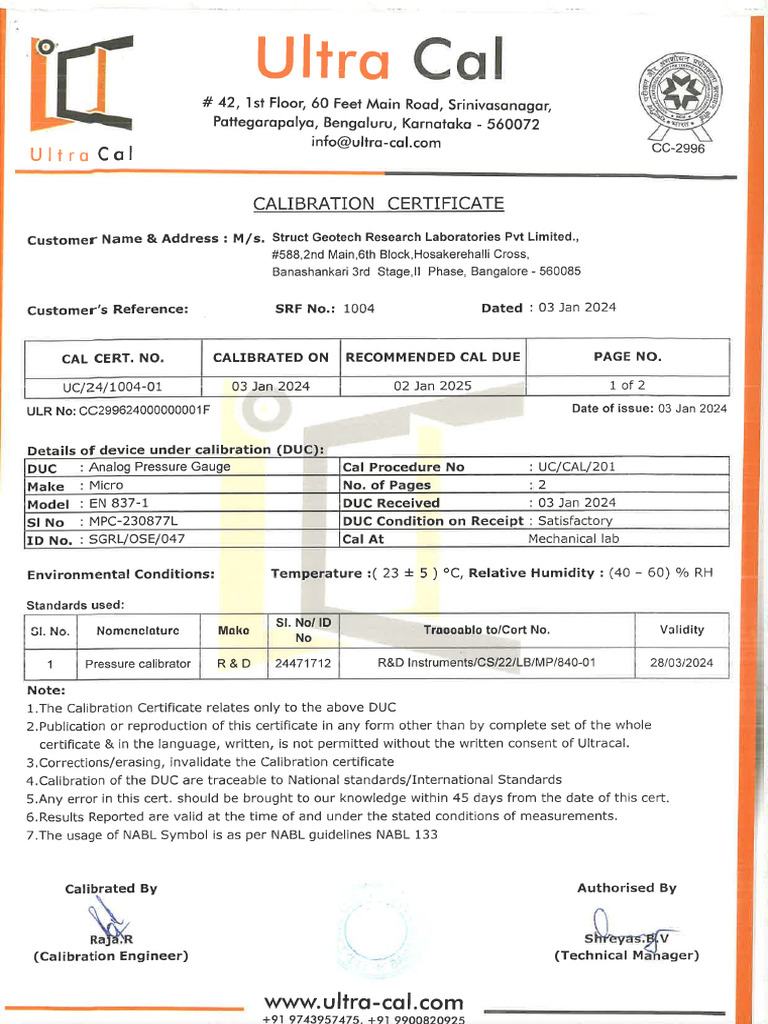 Pressure Gauge Calibration Certificate | PDF