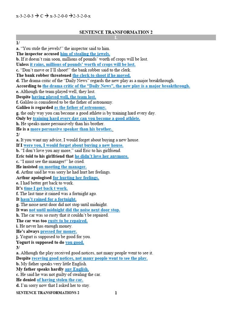 Sentence Transformation 2 Students | PDF
