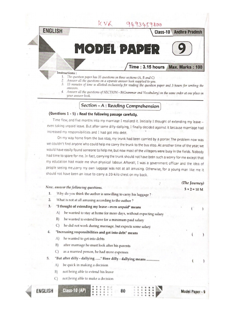 10th Eng - Model Paper-9 | PDF