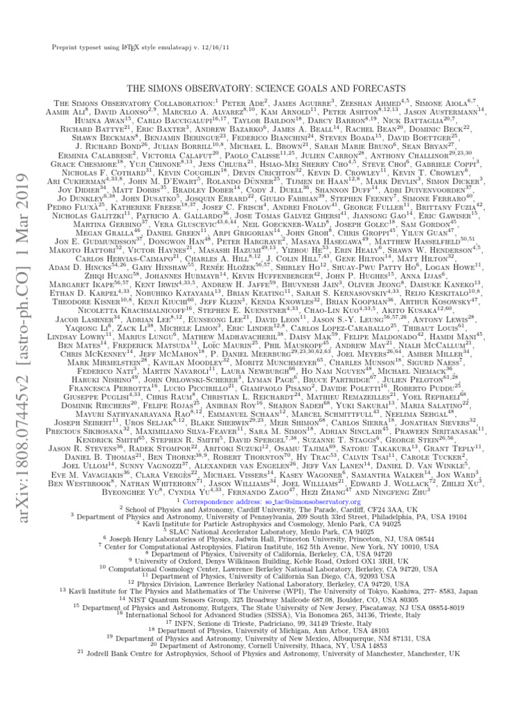 The Simons Observatory: Science Goals and Forecasts: Preprint Typeset Using L TEX Style ...