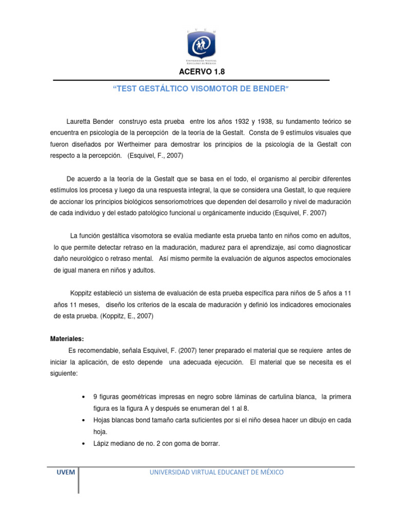 Test_gestáltico_visomotor_de_Bender | PDF | Percepción | Sicología