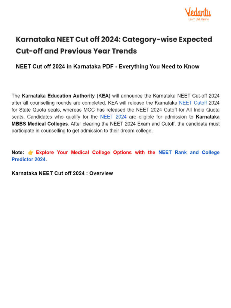 Karnataka NEET Cut Off 2024 - Category-Wise Expected Cut-Off and Previous Year Trends | PDF