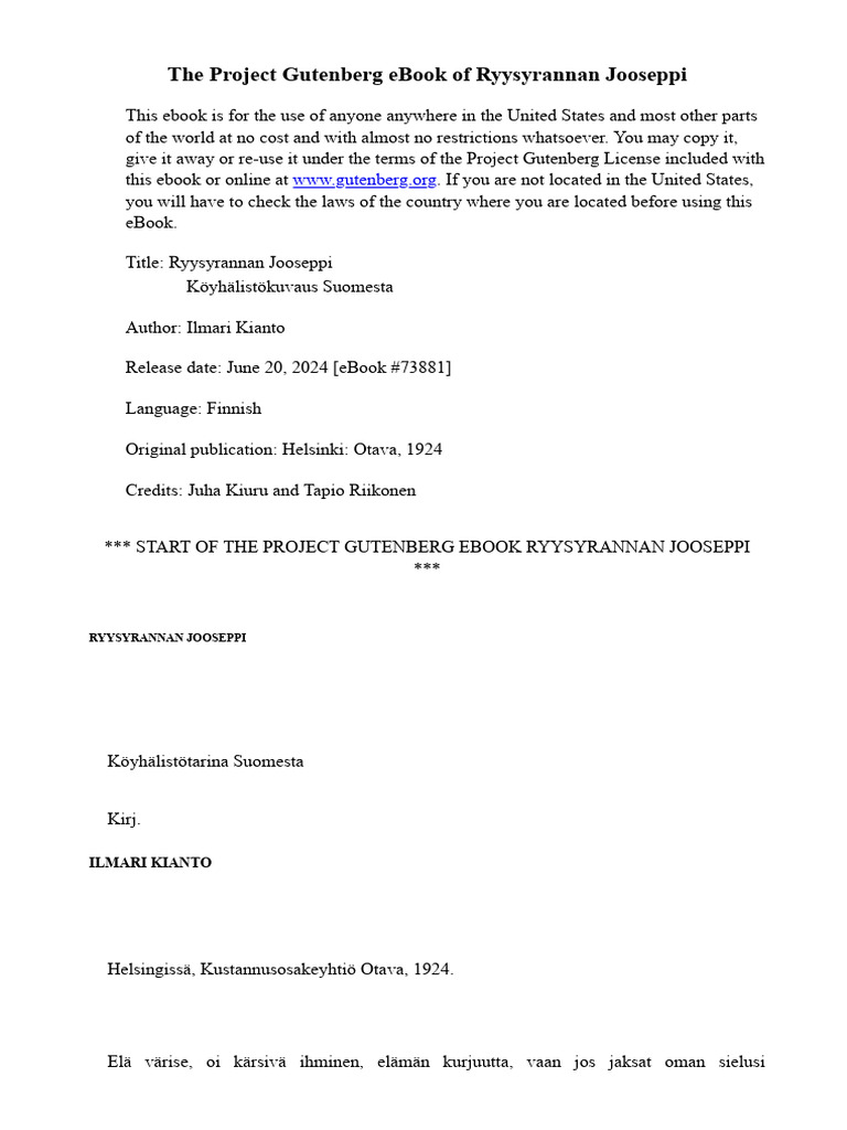 The Project Gutenberg Ebook of Ryysyrannan Joosep | PDF
