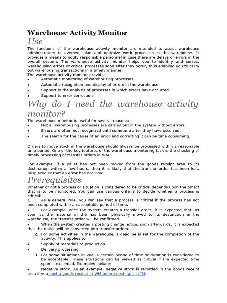 Warehouse Activity Monitor Guide | PDF | Warehouse | Goods