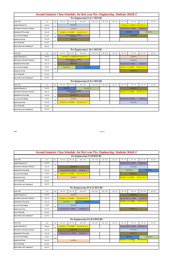 Pre Engineering 1st Year 2nd Semester Class Schedule | PDF ...