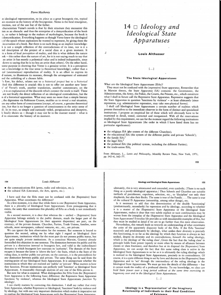 Althusser Ideology IdeologicalSelections | PDF