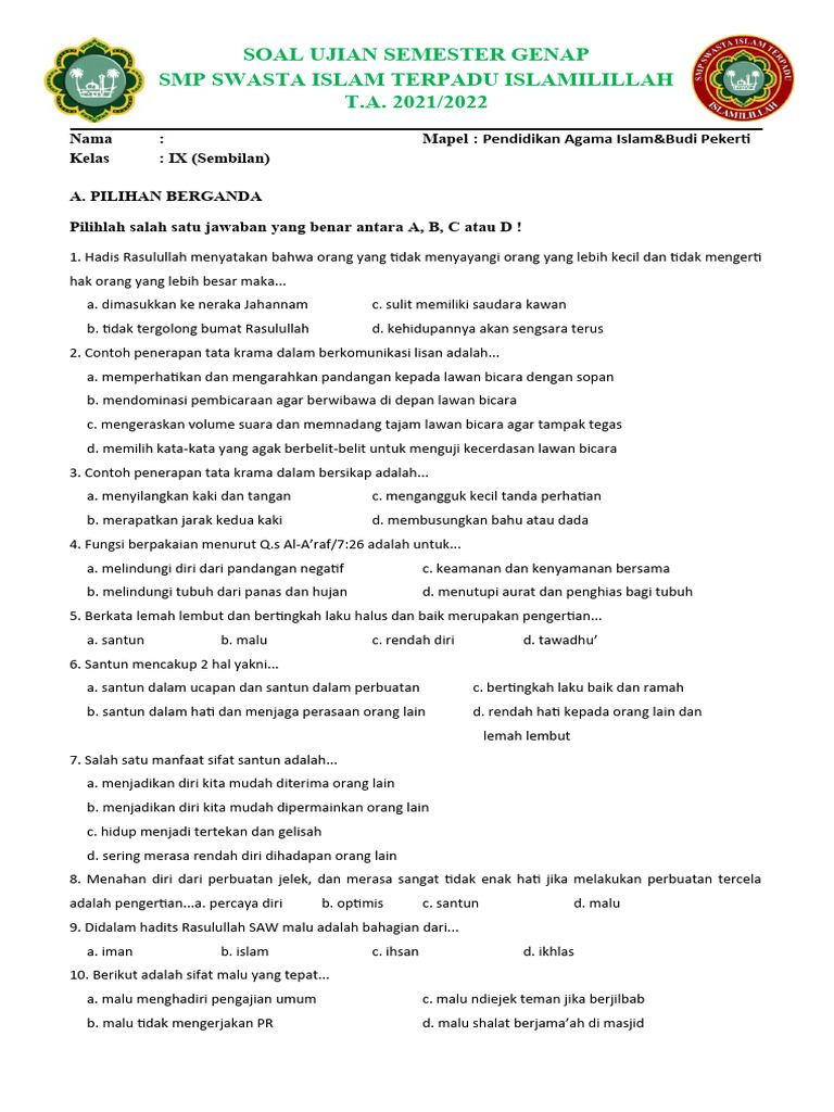 Soal Ujian Semester Genap SMP Swasta Islam Terpadu Islamilillah T.A. 2021/2022 | PDF | Karier ...