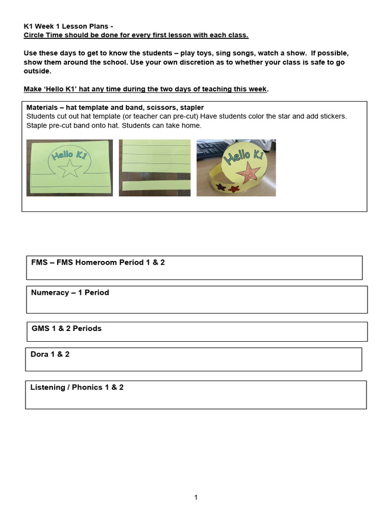 K1 Week 1 Lesson Plans Overview | PDF