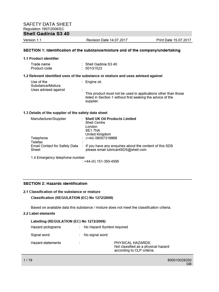 Shell Gadinia S3 40 Safety Data Sheet | PDF | Dangerous Goods | Toxicity