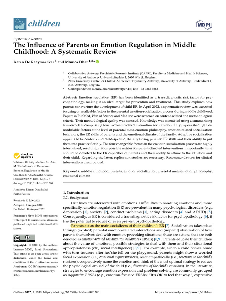 The Influence of Parents on Emotion Regulation in Middle Childhood_Systematic Review | Download ...