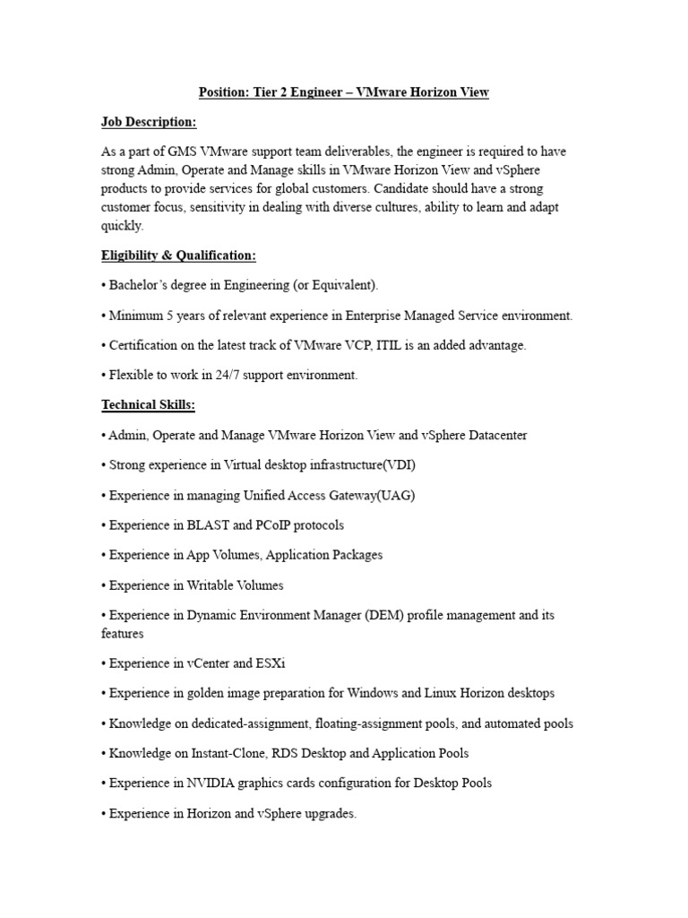 VMware VDI Engineer - Bengaluru | PDF | Desktop Virtualization | Software