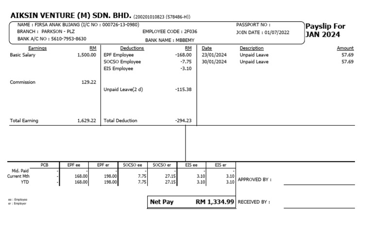 January 2024 Payslip Summary | PDF