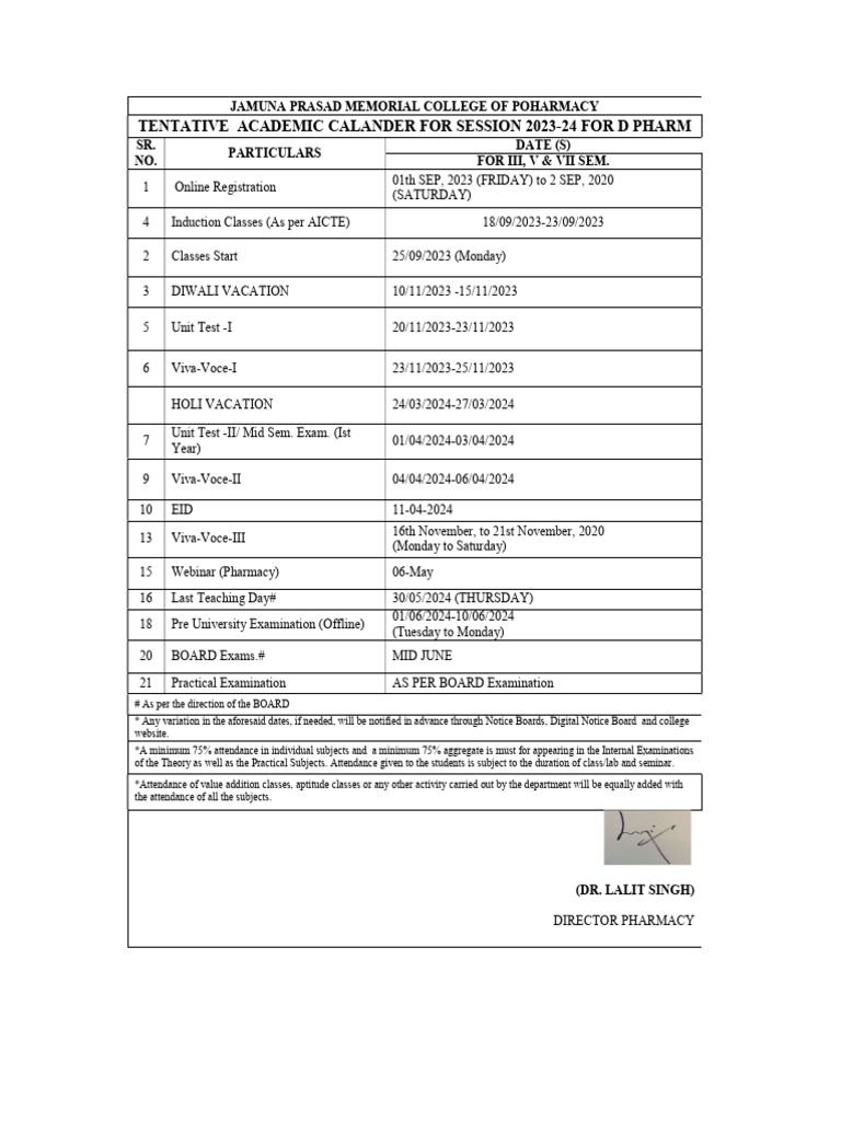 Academic Calander 2023-24 Jpmcop | PDF | Qualifications