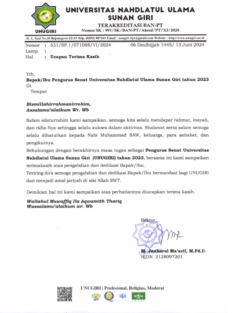 Surat Ucapan Terimakashi - Senat 2023 | PDF