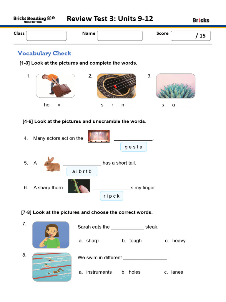 Bricks Reading 80 Nonfiction - L3 - Review Test 3 (Units 09-12) | PDF ...
