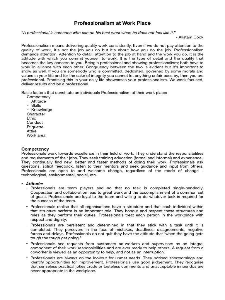 Professionalism at Workplace Handout | PDF | Etiquette | Employment