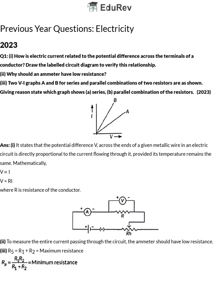 Class 10 Electricity: Past Questions PDF | PDF | Electrical Resistance ...