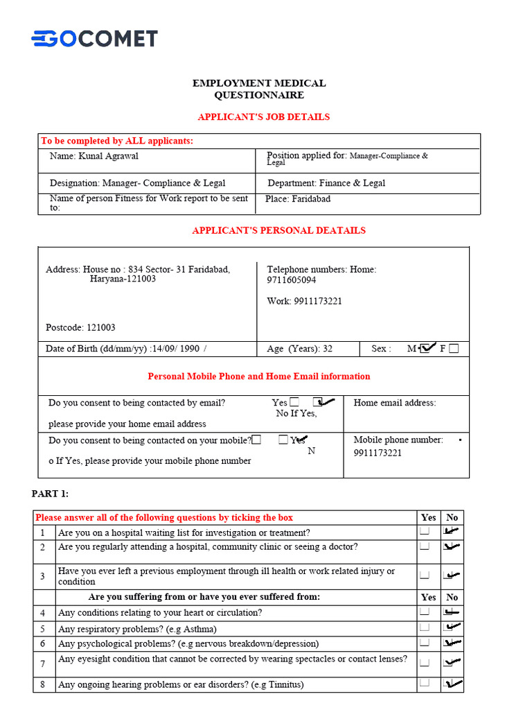 Employment Medical Form | PDF | Disability | Mental Disorder