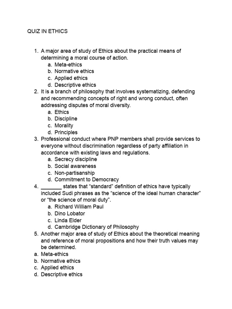Quiz in Ethics | PDF | Integrity | Morality