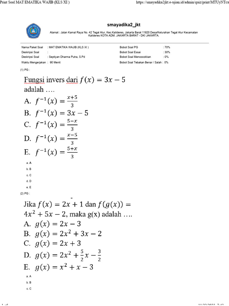 Print Soal MAT EMATIKA WAJIB (KLS XI) | PDF | Indonesia
