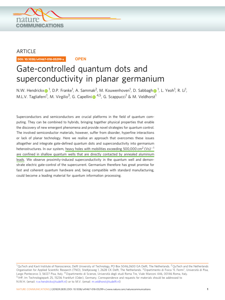 2018-Gate-Controlled Quantum Dots and Superconductivity in Planar Germanium | PDF ...