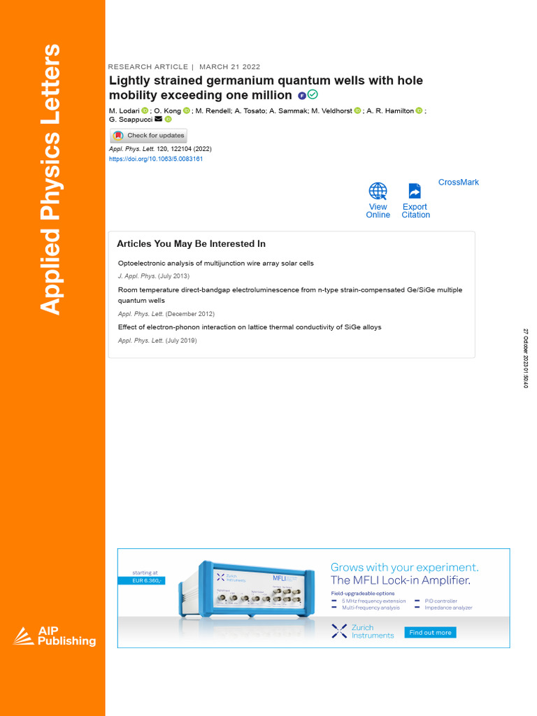 Lightly Strained Germanium Quantum Wells With Hole Mobility Exceeding ...