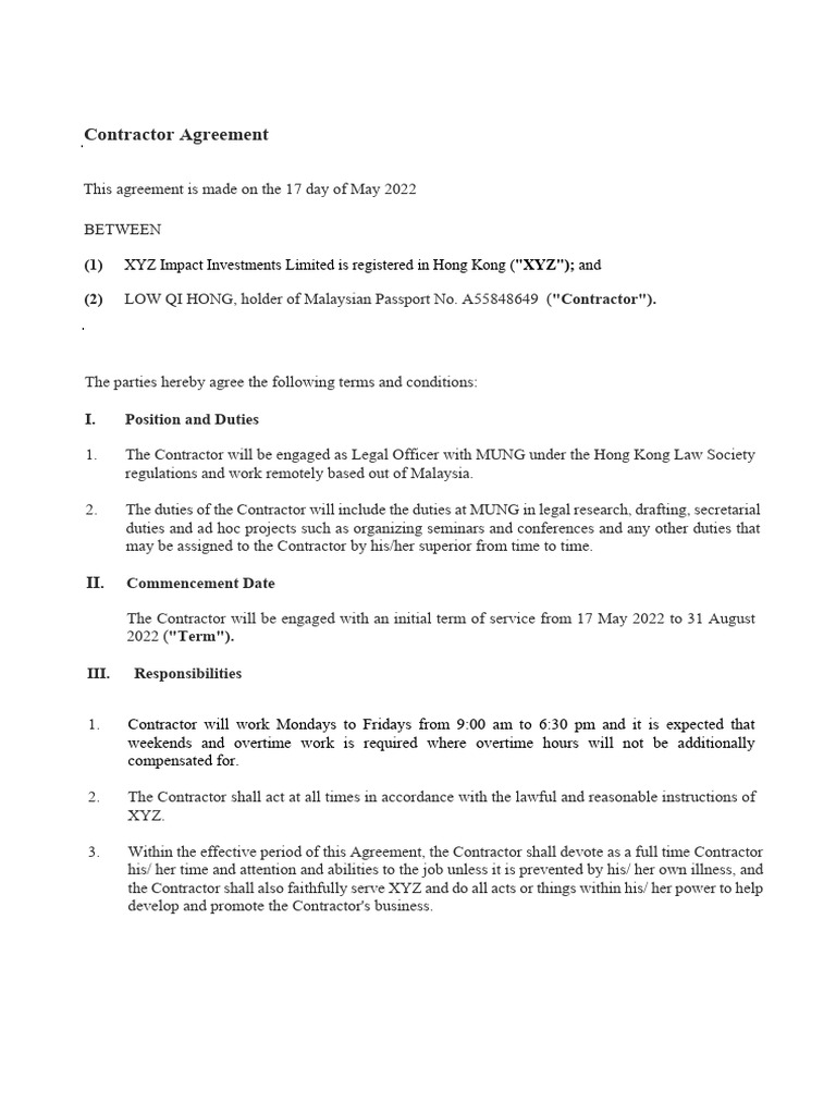 Contractor Agreement Sample | PDF | Employment | Sick Leave