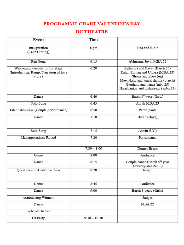 Programme Chart Valentines Day 2k24 | PDF