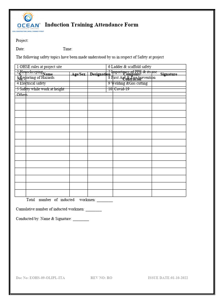 Site Induction Training Attendance Form | PDF