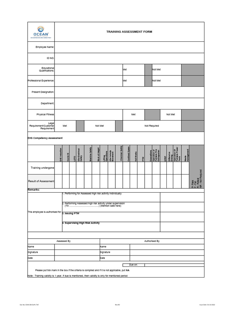 08.EOHS-OLIPL - Training Assessment Form | PDF | Safety