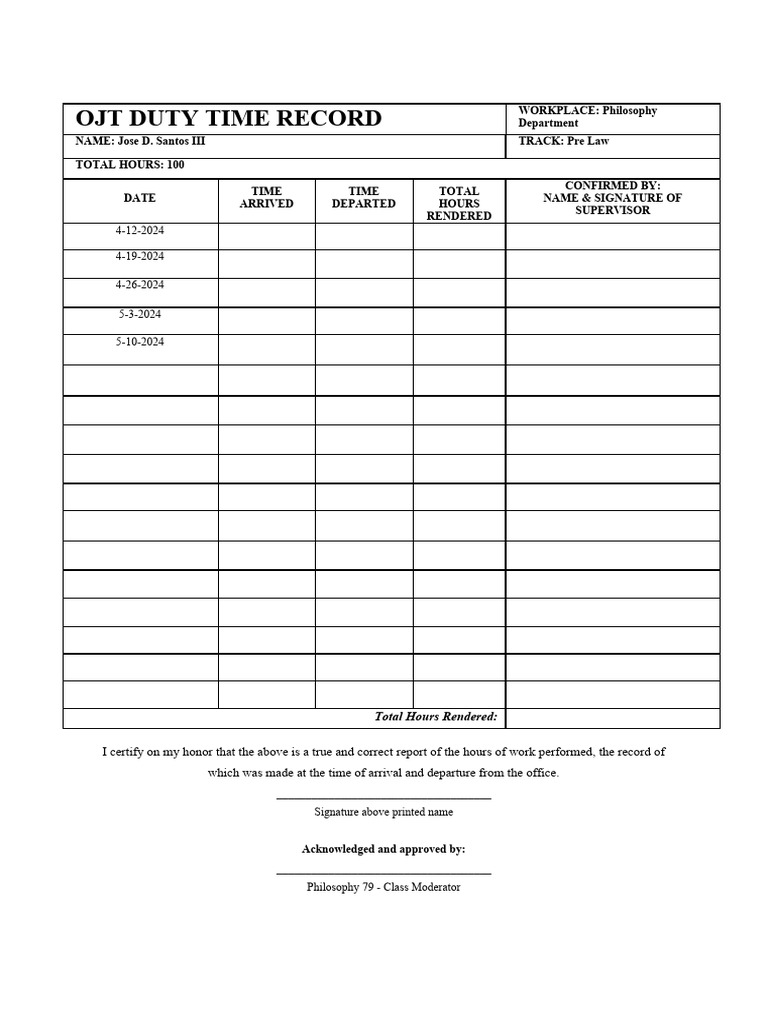 OJT Duty Time Record for Pre Law Track | PDF