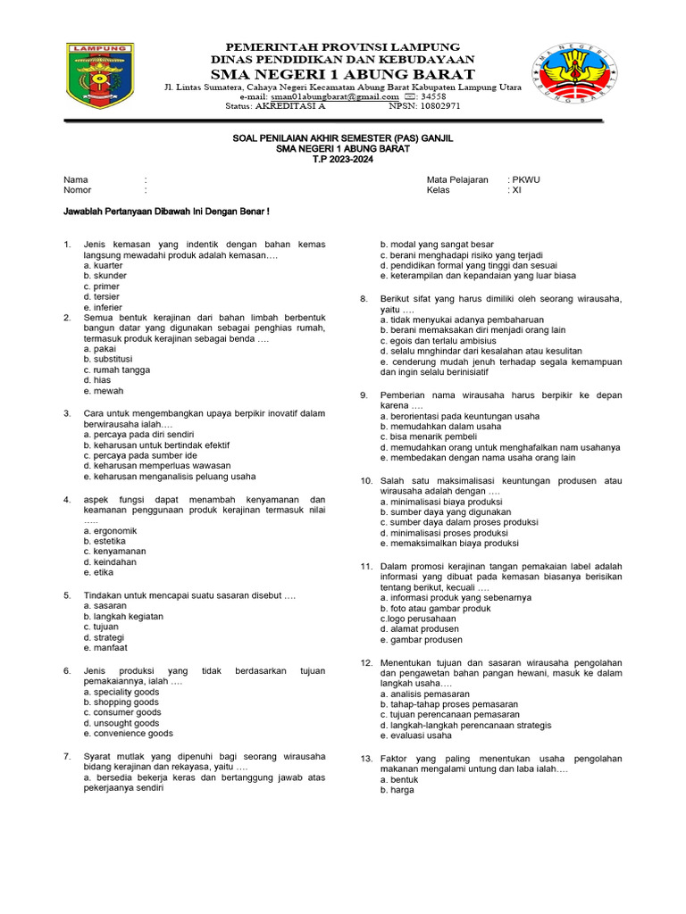 Soal PKWU Kelas 11 | PDF