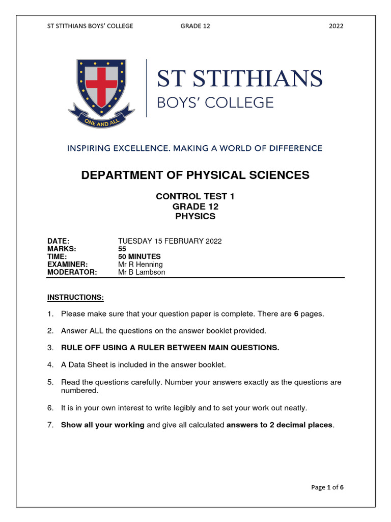 St Stithians Grade 12 Physics Test 2022 | PDF | Force | Friction
