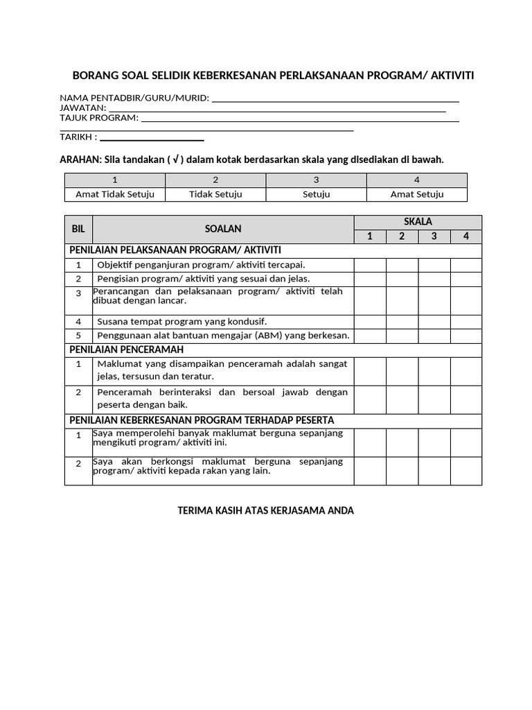 CONTOH BORANG SOAL SELIDIK KEBERKESANAN PERLAKSANAAN PROGRAM - AKTIVITI ...