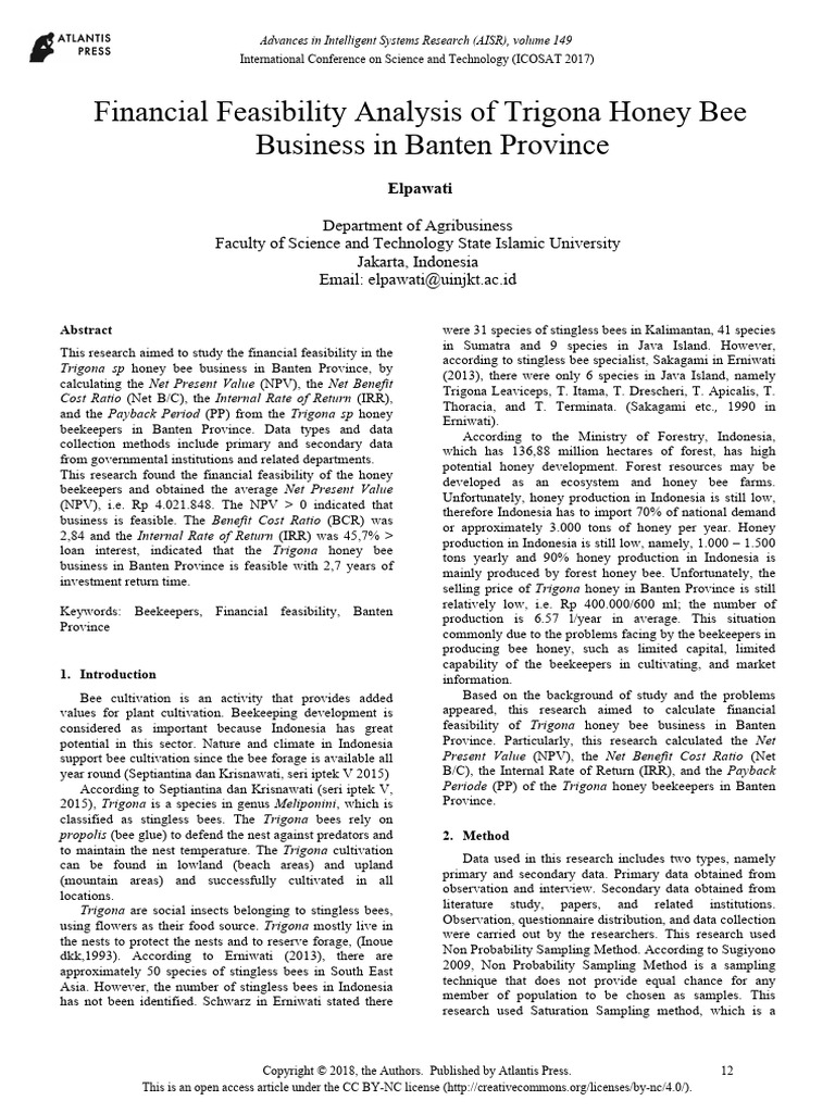 Financial Feasibility Analysis of Trigona Honey Bee Business in Banten Province | PDF | Net ...