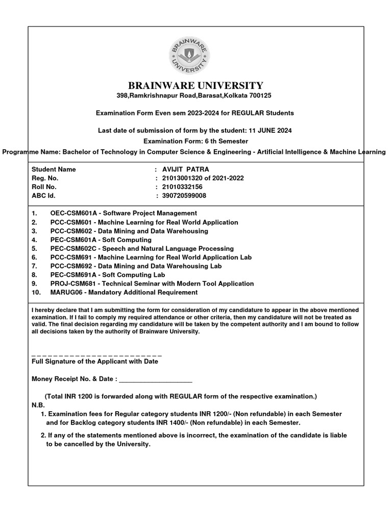Student Examination Form | PDF | Machine Learning | Computing