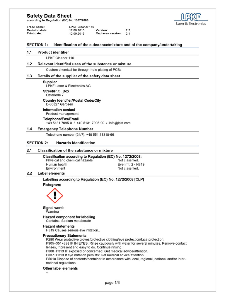 LPKF Cleaner 110 v2.2 | PDF | Toxicity | Dangerous Goods