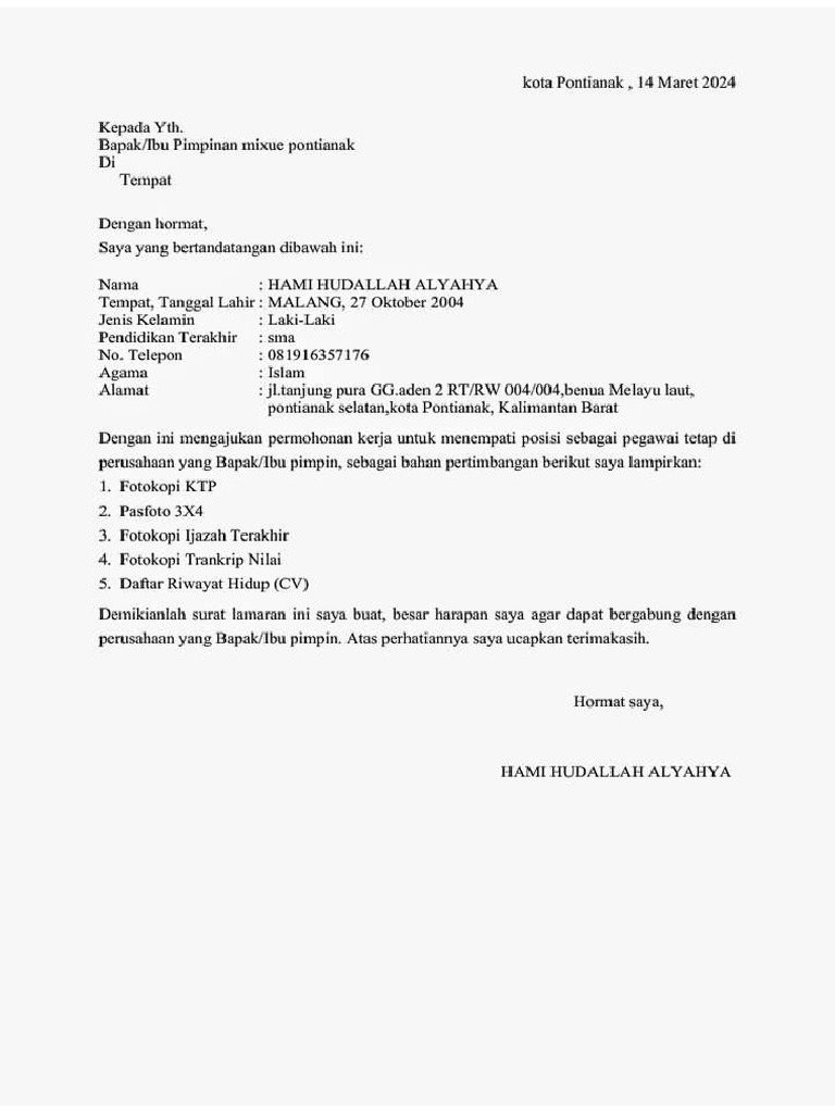 Surat Lamaran Kerja Mixue | PDF