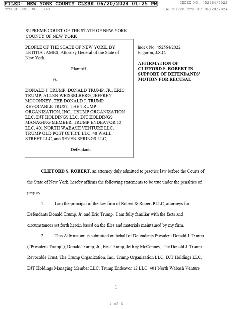 Motion To Recuse Judge Engoron Andrew Bailey Affirmation | PDF | The ...