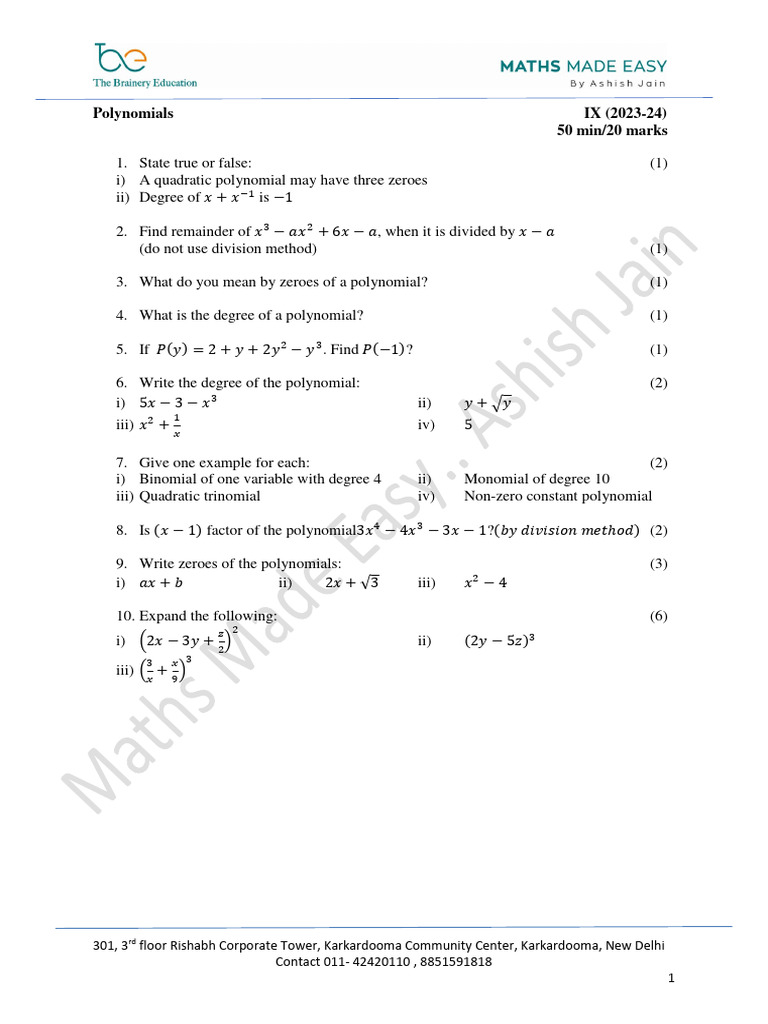 Polynomial Basic Test | PDF