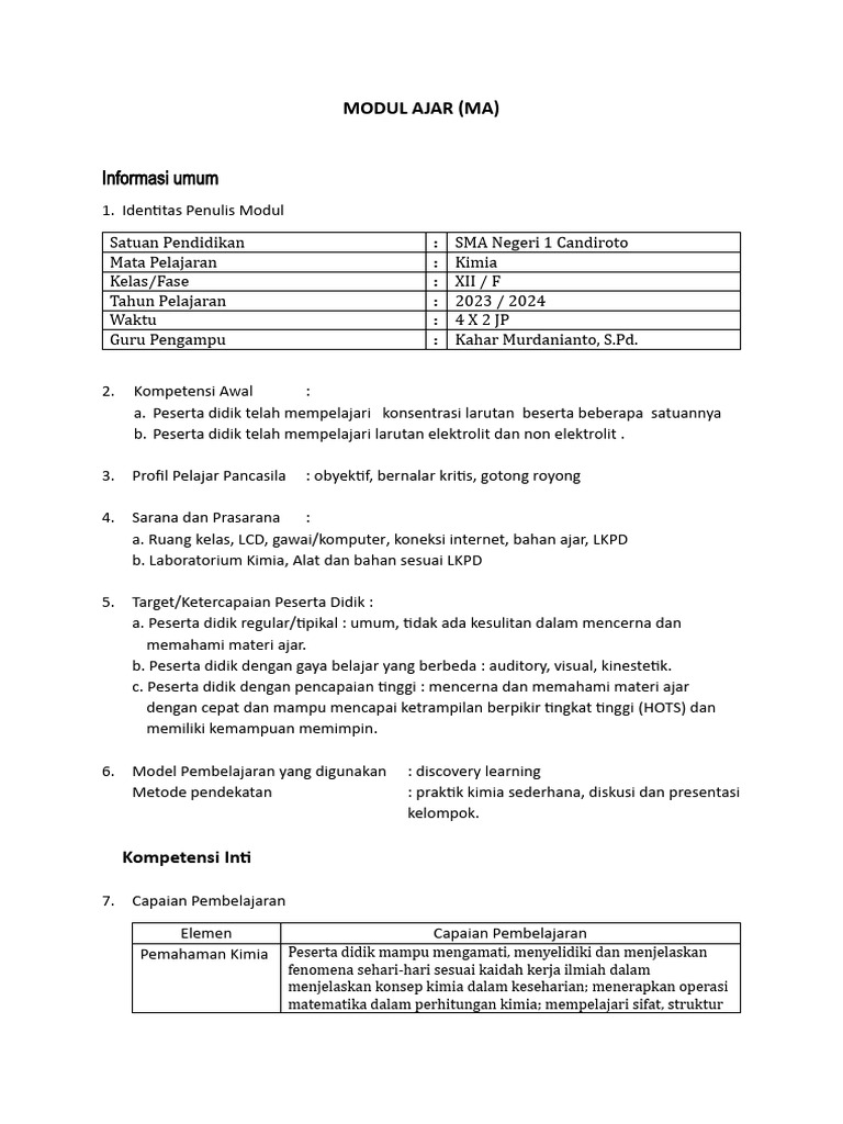 Modul Ajar Sifat Koligatif Larutan PMM | PDF