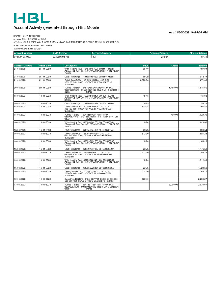 Account Statement 30-01-2023T10 35 09 | PDF | Debit Card | Business
