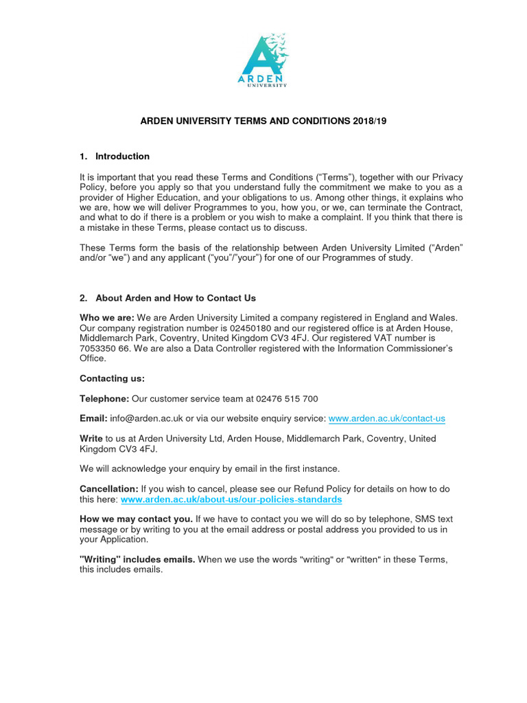 ARDEN UNIVERSITY TERMS AND CONDITIONS 2018 19 FINAL Updated 03.02.23 ...