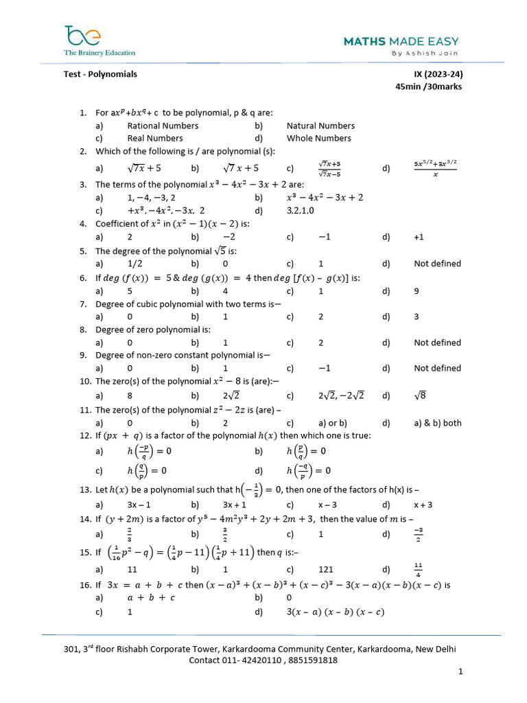 Polynomials Test 3 Obj | PDF | Polynomial | Factorization